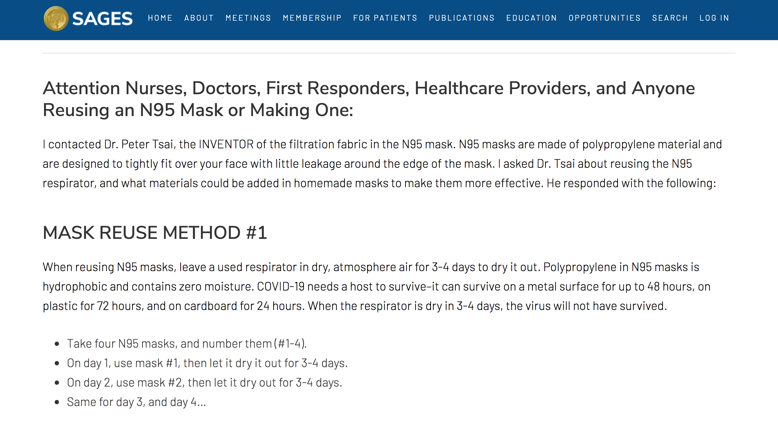 N95 Masks Reuse Instructions – Article on SAGES Website – Lifeology 101